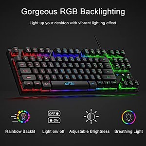 MFTEK RGB Rainbow Gaming Keyboard and Mouse Combo, Compact 87 Keys Backlit Computer Keyboard with Gaming Mouse, USB Wired Set for PC Gamer Laptop Work