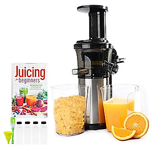 Cold Press Masticating Juicer With 16 oz Plastic Juice Bottles With Black Caps And Juicing Recipe Book, Includes Funnel And Brush