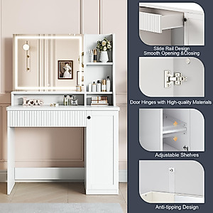Dripex Makeup Vanity Desk with Mirror and Lights Bedroom Dressing Table, Makeup Table with Drawer, Cabinet, Adjustable LED Lights -White