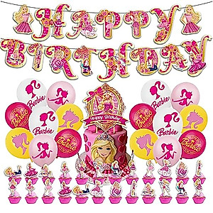 Birthday Party Supplies for Barbie, babi Party Decorations Include Happy Birthday Banner, Cake Topper, Cupcake Toppers, Latex Balloons.