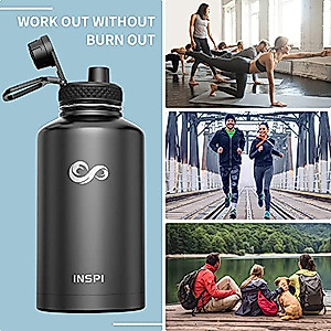 Water Bottle Insulated 64oz, INSPI Stainless Steel Water Bottle with Straw & 3 Lids, Half Gallon Large Water Jug Wide Mouth, 64 oz Triple Wall Vacuum Hydro Jug, Keep Cold for 48Hrs Flask, Black