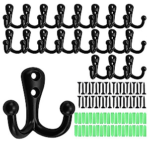 Potaosey 20PCS Black Coat Hooks, Retro Double Wall Mounted Double Prong Robe Hook with 40 Screws for Bedroom, Entryway, Closet, Kitchen, Office, Small Hooks, Hat Hooks