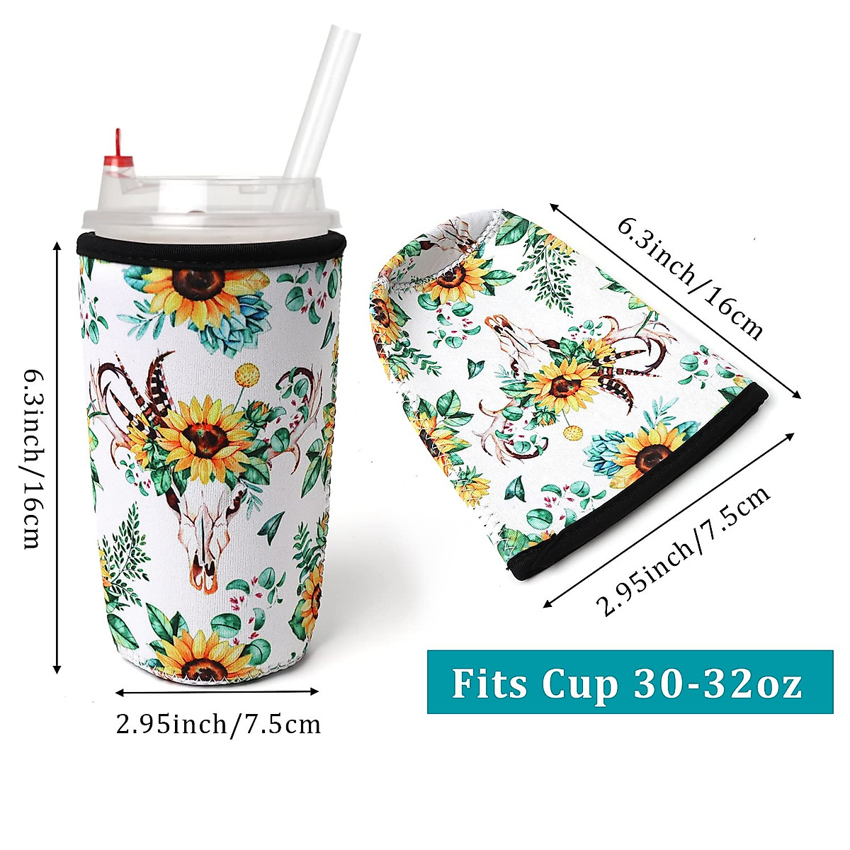 Reusable Iced Coffee Sleeve for Cold Drink Cups, Neoprene Insulator Cup Cover Holder Compatible with Starbucks Dunkin McDonalds Coffee - 3mm Thick (Large Size 30-32oz, Flowers Style