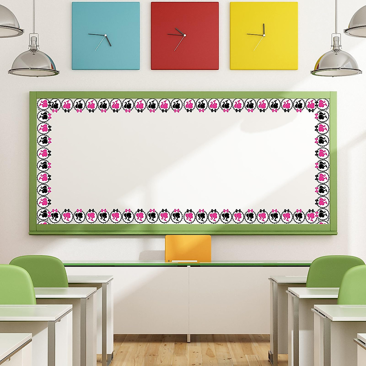 Whaline 32.8Ft Girl Princess Bulletin Board Border Pink Black Magic Mirror Girl Die Cut Trim Border Roll for Classroom Home Pink Girl Birthday Party Supplies