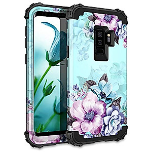 Casetego Compatible with Galaxy S9 Plus Case,Floral Three Layer Heavy Duty Hybrid Sturdy Shockproof Full Body Protective Case for Samsung Galaxy S9 Plus,Blue Flower