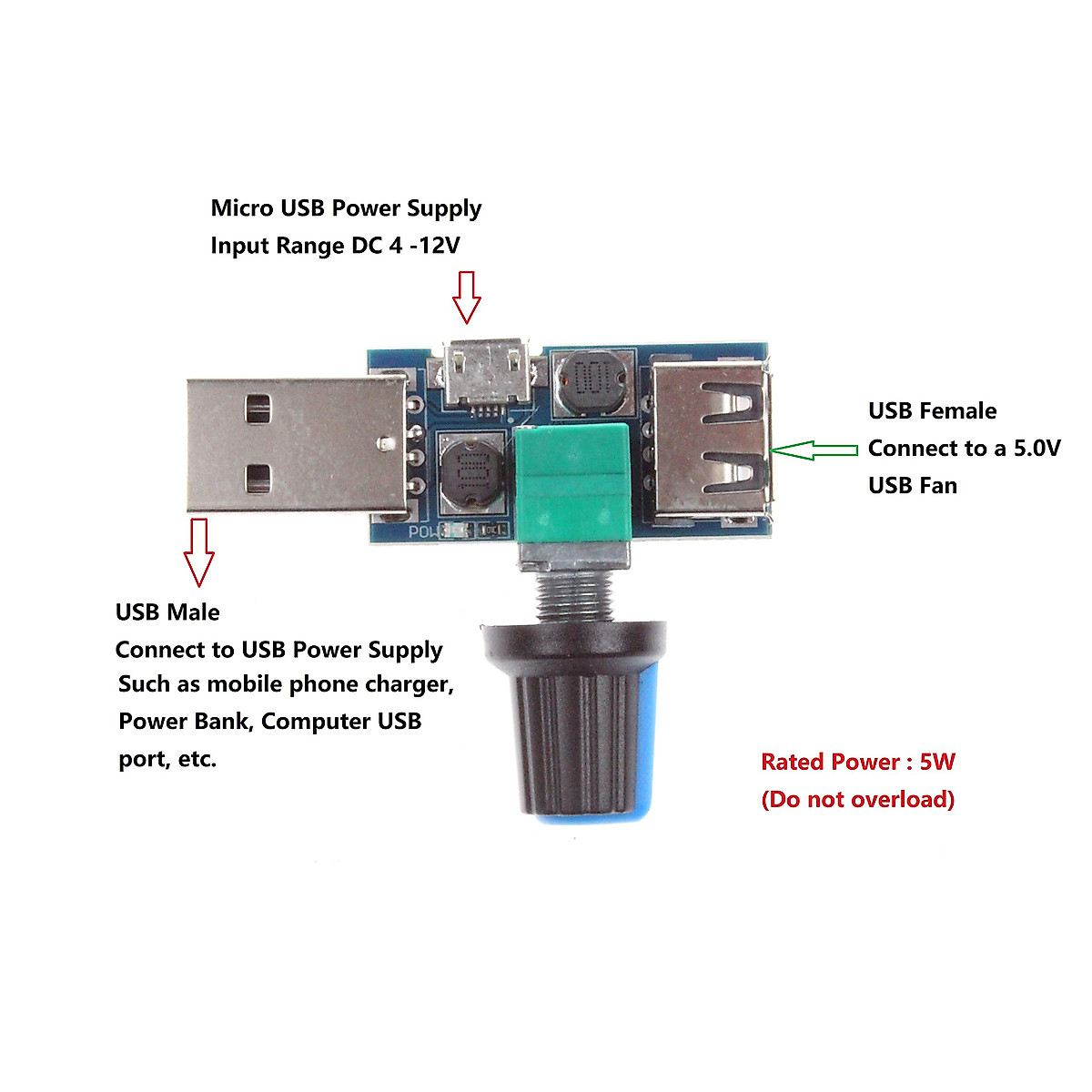 NOYITO 5V USB Fan Stepless Speed Controller Regulator with Switch Speed Module DC 4-12V to 2.5-8V 5W （Pack of 2）