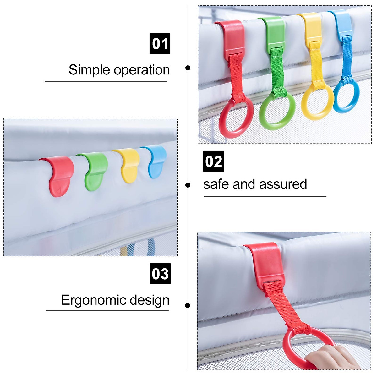 Kisangel 8pcs Baby Crib Pull Ring Stand Up Walker Tool Ring Training Ring Cot Hanging Rings Walking Assistant for Infant Baby Toddler