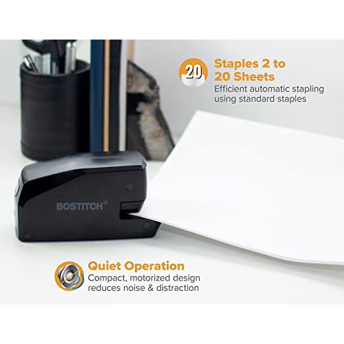 Bostitch Office Portable Electric Stapler, 20 Sheets, AC or Battery Powered, Black (MDS20-BLK)