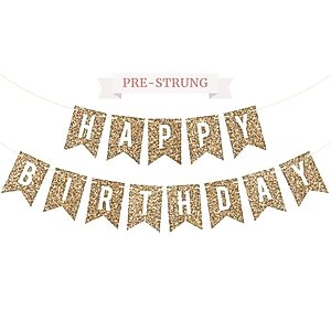 Pre-Strung Happy Birthday Banner - NO DIY - Gold Glitter Birthday Party Banner - Pre-Strung Garland on 6 ft Strands - Gold Birthday Party Decorations & Decor. Did we Mention no DIY?