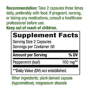 Nature's Way Premium Herbal Peppermint Leaf, Traditional Digestive Soothing and Discomfort Support*, 700mg per serving, 100 Capsules