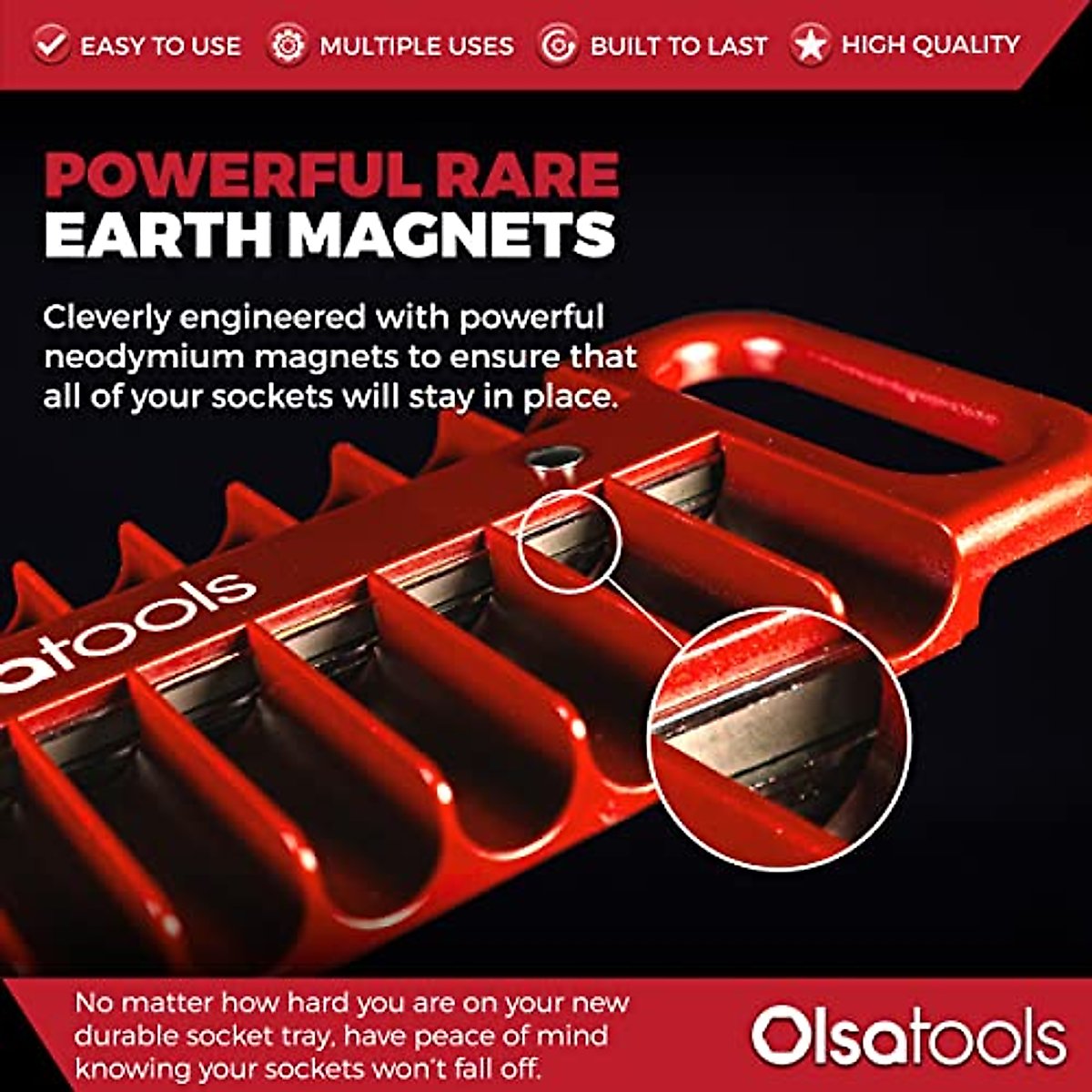 Magnetic Portable Socket Organizer Tray | 1/4-inch Drive | Red | for Deep & Shallow Sockets | Holds sockets up to 5/8" or 14 mm | Professional Quality Tool Organizer | by Olsa Tools