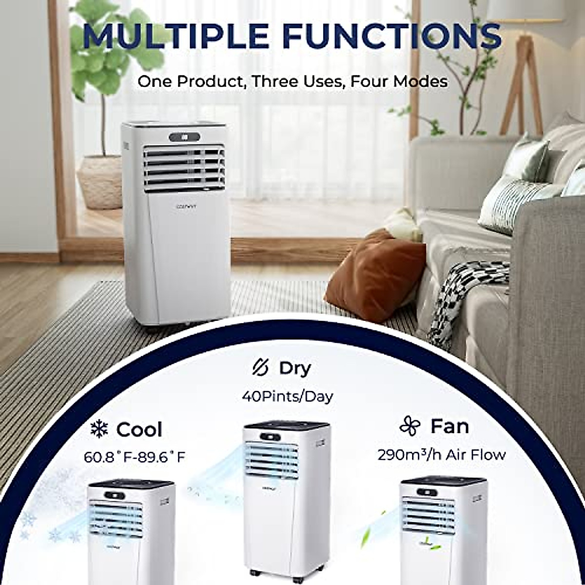 COSTWAY Portable Air Conditioner, 8000BTU Air Cooler with Drying, Fan, Sleep Mode, 2 Speeds, 24H Timer Function, Remote Control, Cools Room up to 230 Sq. ft, Air Cooling Fan for Home & Office Use, Window Kit Included, White(8000BTU)