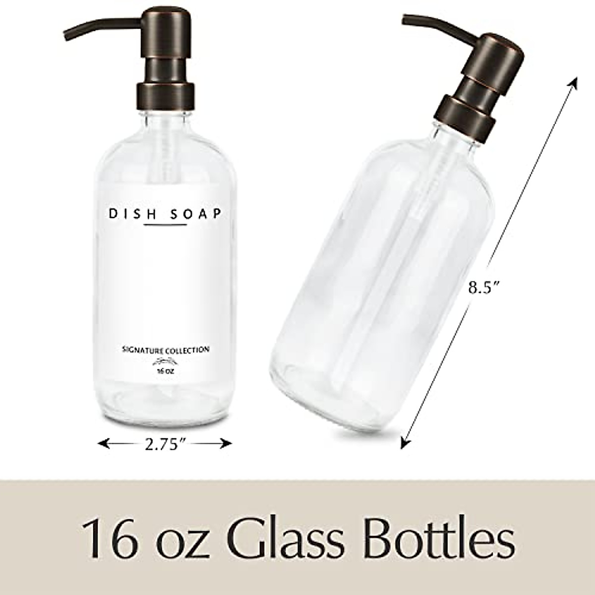 Emerson Essentials Glass Soap Dispenser Set, 2 Pack, Hand Soap Dispenser for Bathrooms and Dish Soap for Kitchen Sink with Pumps, Lotion 16oz Bottles with 5 Waterproof Labels (Clear/Oil Rubbed Bronze)