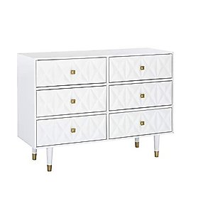 Linon Home Décor Sheerah Six Drawer Geo Texture White Dresser, Gold