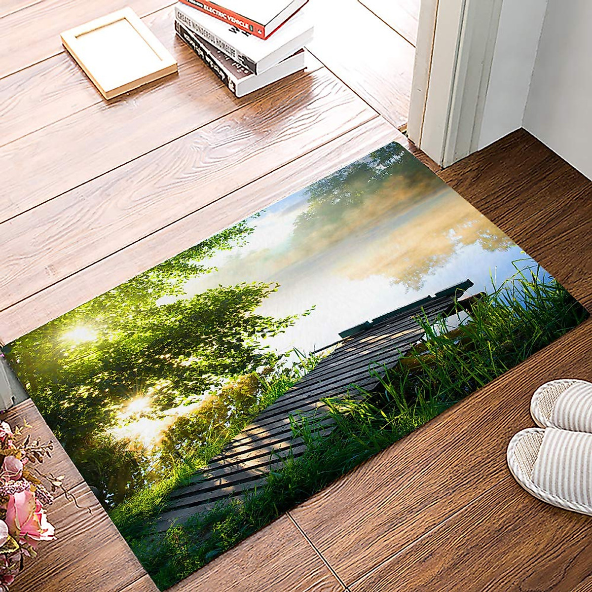 Indoor Doormat Front Door Mat Spring Nature Secluded Pier Lake Scenery Sun Rays Green Fresh Non Slip Rubber Back Floor Mat Entrance Low-Profile Welcome Mat Outdoor Rug for Home Office Garden