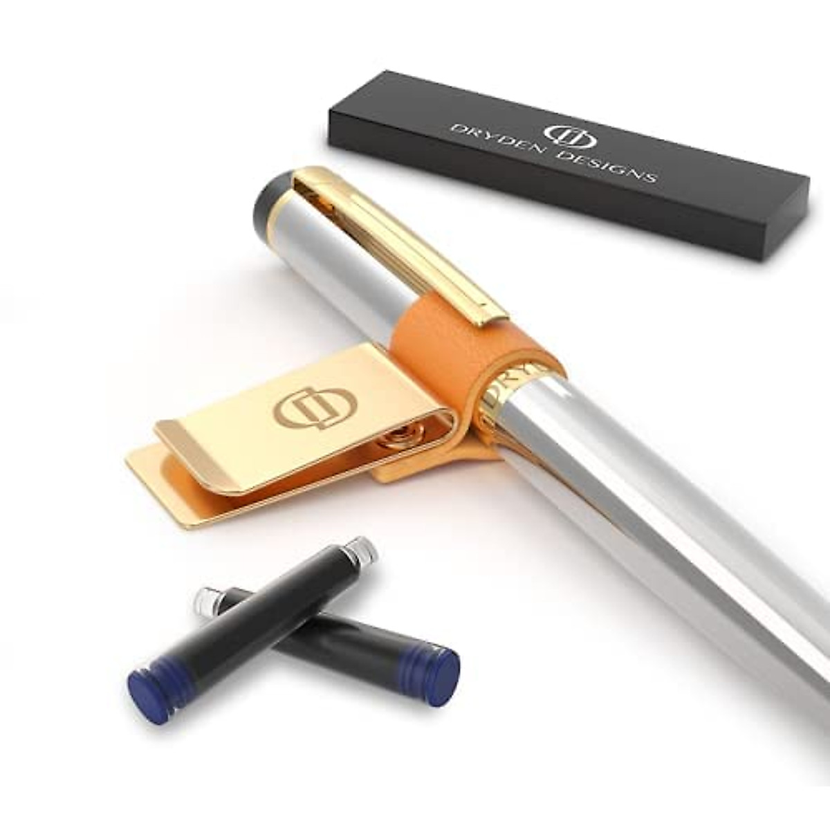 Dryden Designs Fountain Pen - Medium Nib 0.5mm | Includes 6 Ink Cartridges (3 Black, 3 Blue), Notebook Clips and Ink Refill Converter | - Silver.