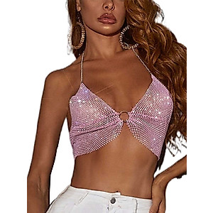 Zeelina Easter Rhinestone Bra Chain Bikini Black Sparkly Crystal Crop Top Body Chains Beach Nightclub Festival Rave Chest Accessories Jewelry for Women and Girls (Pink)