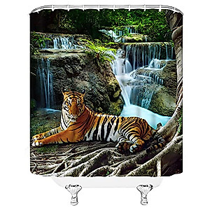 Waterfall Tiger Shower Curtain Wild Animal Tiger Nature Green Forest Tree Lake Tropical Landscape Misty Jungle Rainforest Spring Summer Scenery Fabric Bathroom Decor Curtain with Hooks