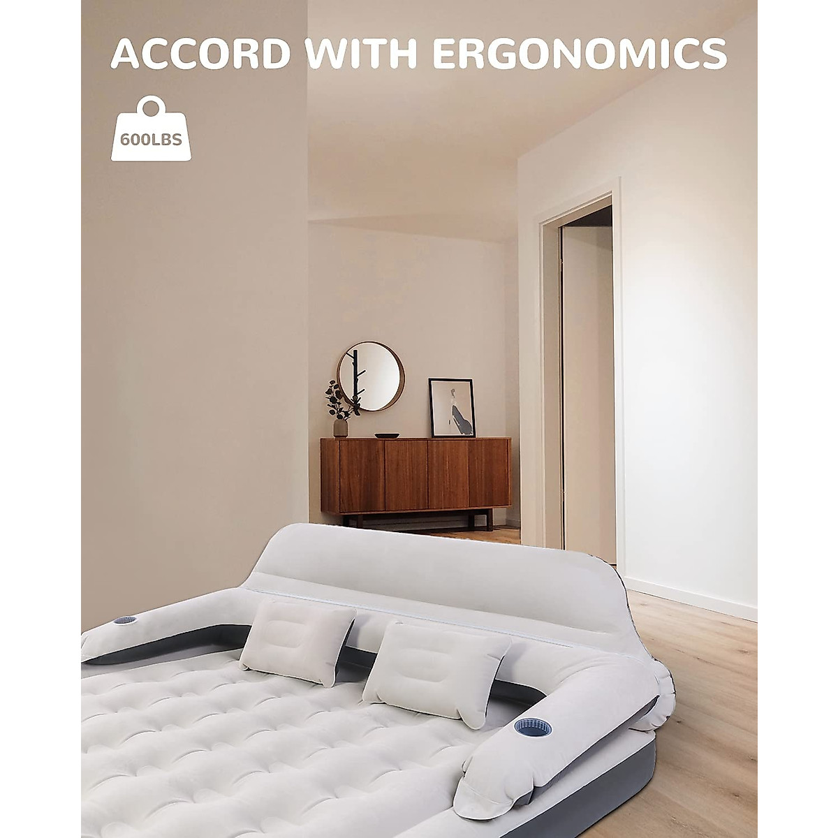 JEAOUIA Queen Air Mattress for Tents Camping - 9" Raised Portable Double Inflatable Couch with Soft Backrest Patch Kit - Blow Up Bed for Car Travel/Overnight Outdoors/Family Leisure