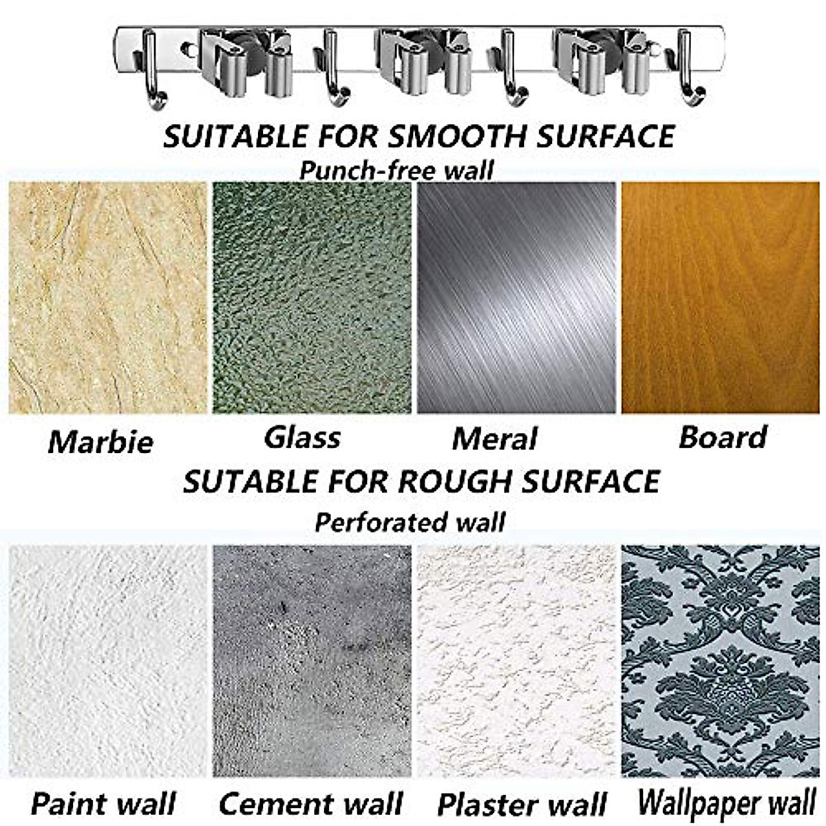 Broom Mop Holder Heavy Duty Wall Mount Stainless Steel Wall Mounted Storage Organizer Tools Hanger with 3 Racks 4 Hooks for Lanudry Garage Kitchen Bathroom Closet Office Garden (2 PCS)