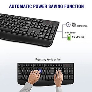 QUASIO Wireless Keyboard, 2.4G Full-Sized Ergonomic Wireless Computer Keyboard with Wrist Rest for Windows, Mac OS Laptop/PC/Desktop/Notebook (Black)