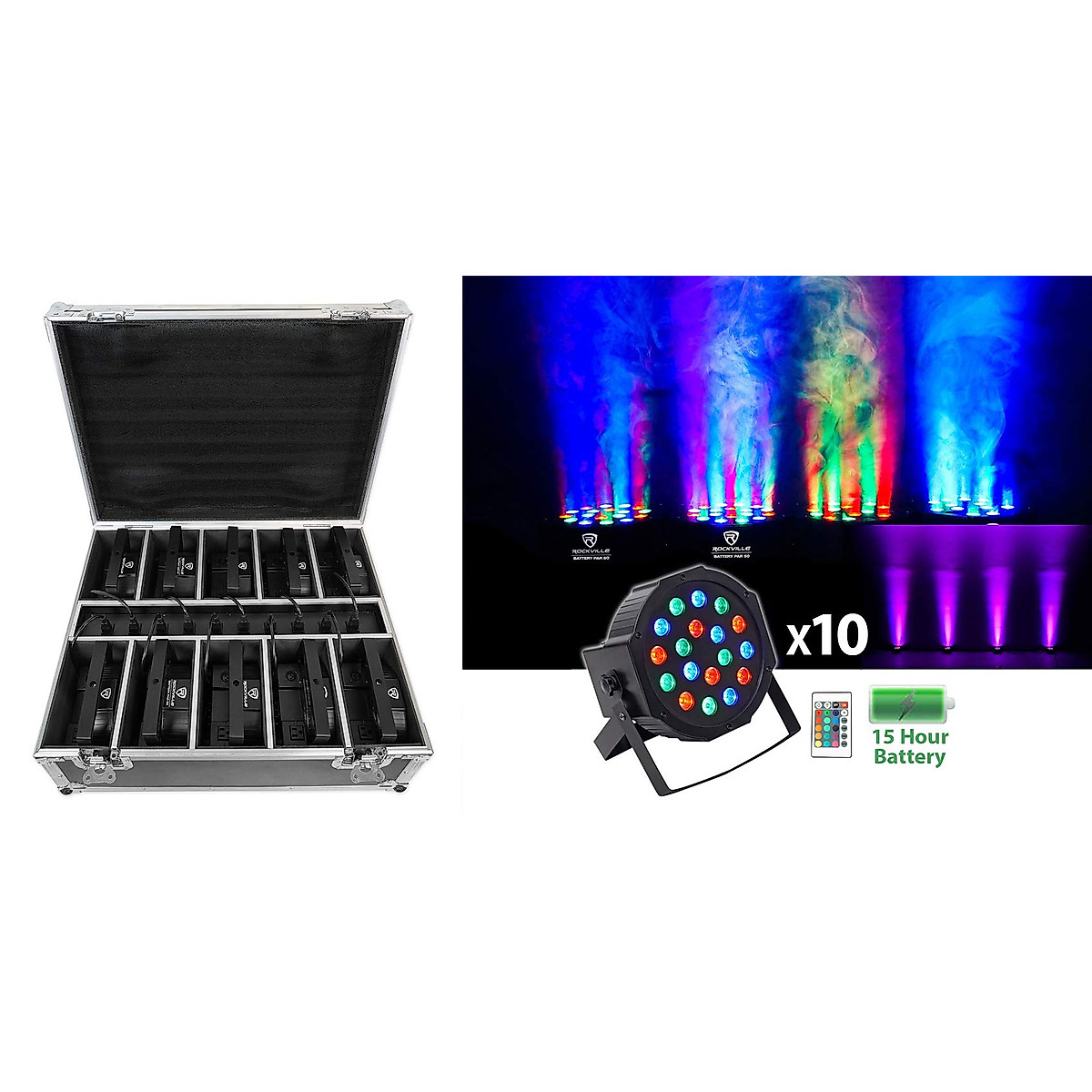 Rockville Battery PAR 50 Black, 10 Pack Rechargeable RGB Wash Lights with Charging Flight Case, Includes RF Remote, 10 Hour Battery Life, Perfect for Events, Parties & DJ Gigs