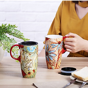 CEDAR HOME Travel Coffee Ceramic Mug Porcelain Latte Tea Cup With Lid in Box 17oz., Flower Enjoy Life, 2 Pack