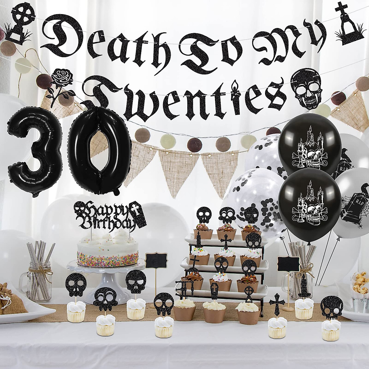 Refavor Death to My 20s Decorations - Black Funeral Party Balloons Banner Supplies 30th Rip My 20s Birthday Decorations Women Men Twenties Sash Youth Funny Bday Party Coffin Decor for Him Her