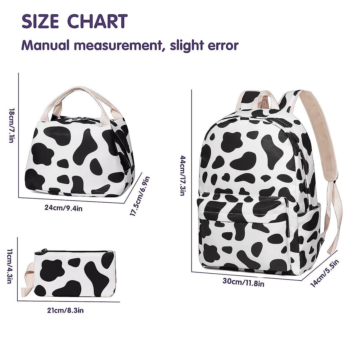 Cow Print School Backpack Set for Teen Girls Boys, Bookbags with Lunch Box Pencil Case