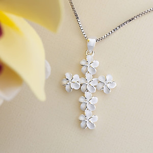 925 Sterling Silver Plumeria Flower Cross Pendant with 18" Box Chain, Gold Plated, Nickle Free Hypoallergenic for Sensitive Skin, Hawaiian Jewelry for Women, Gift Box Included (Silver)