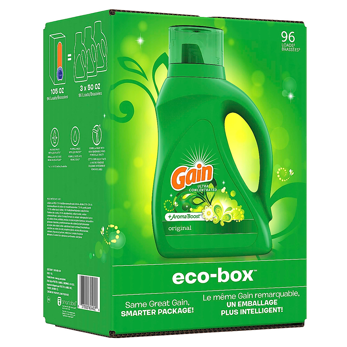 Gain Laundry Detergent Liquid Soap Eco-Box, Ultra Concentrated High Efficiency (HE), Original Scent, 96 Loads