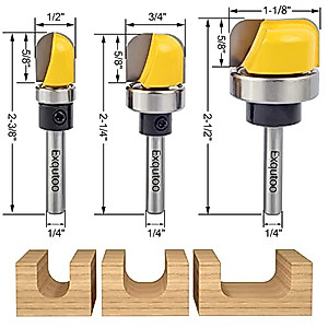 Exqutoo 3Pcs 1/4" Shank Carbide Round Nose Groove Router Bit Set Template Router planing Head Set with Ball Bearing Engraving Router planing Head Wood Cutter Woodworking Tools Carving Cutting Tool