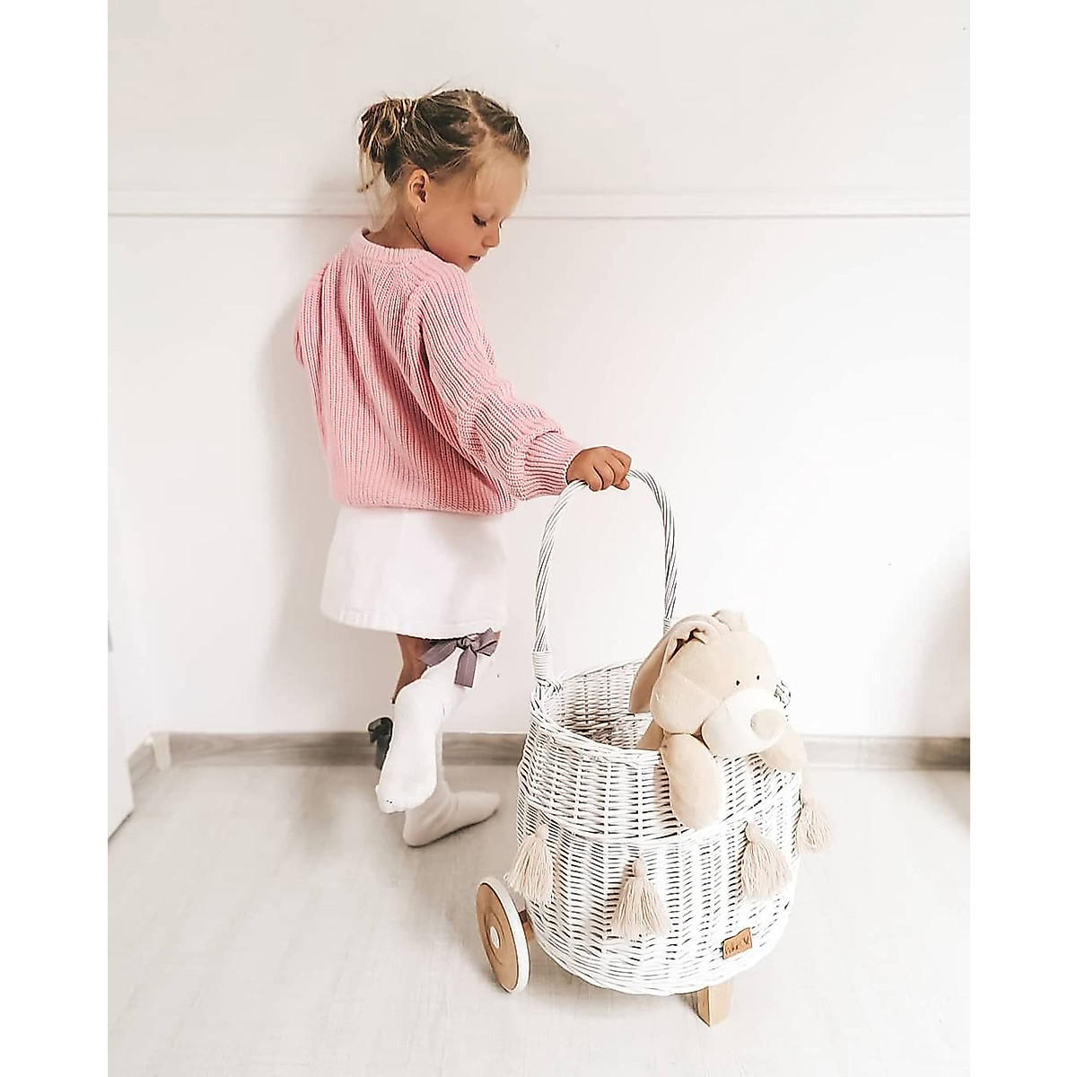 WIKLIBOX Rattan Pully Toy Basket - Handcrafted European Wicker Luggy Toy Storage - Natural, Durable & Stylish Organizer - Perfect for Kids' Rooms, Nurseries & Playrooms | Pink with Pom Poms