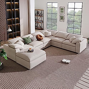 U Shaped Modular Sectional Sofa with Ottoman, 27.9'' Deep Seat Reversible Corner Couch with Detachable Cushion,Convertible Sofa&Couch Bed for Living Room, Office, Spacious Space
