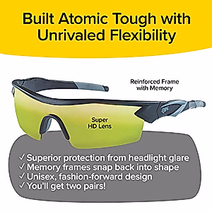 Battlevision As Seen On TV Night Vision Glasses 2 Pairs by BulbHead - Amazing Night Driving Glasses Protect Eyes From Blinding Headlight Glare - Green Lenses Enhance Clarity - Flexible Frames, 6 In