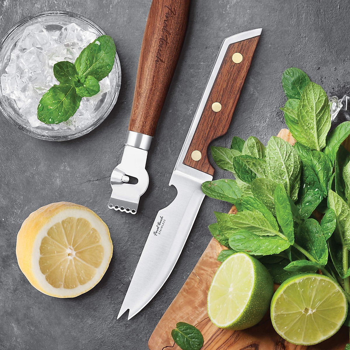 Final Touch Bar Knife & Zester Set - Multi-Function Design for Effortless Cocktail Prep - Adjacent Edge Handle, Stainless Steel Blade, Bottle Opener, and Zester Included (FTA2110)
