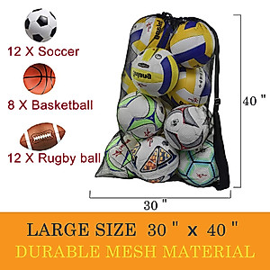 Rudmox Heavy Duty Mesh Ball Bag, Drawstring Sport Equipment Storage Bag for Basketball, Soccer, Sports Beach and Swimming Gears with Adjustable Shoulder Strap Outdoor Organizer (Black-XL)