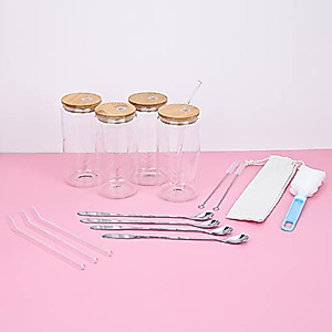 Tisovixo Beer Can Glass Drinking Glasses with Bamboo Lids and Straw,16oz Drinking Glass Cup 4pcs,Iced Coffee Cup Cocktail Glassware Bar Accessories,Beer Can Glass Tumbler Boba Cup with Lids and Straw