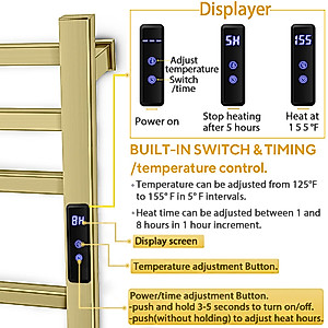 TWCC Towel Warmer Rack for Bathroom with Timer/Fahrenheit Temperature Control Wall Mounted Electric Heated 10 Bar Rail Plug-in or Hardwired Keep Bath Shower Towel Warming (Brushed Gold)