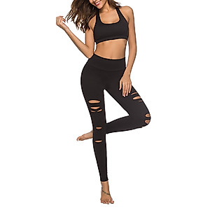 DIBAOLONG Womens High Waist Yoga Pants Cutout Ripped Tummy Control Workout Running Yoga Skinny Leggings Black M