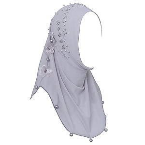 Woeoe Pearl Muslim Hijab Cap Plain Color Pre-Tied Flower Hijab Lightweight Muslim Head Wrap for Women and Girls