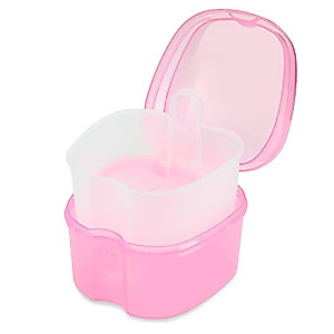 Dental Orthodontic Retainer Container Cleaning Case,Denture Bath Box Case Cup Holder, Mouthguard Storage Soaking Case - Leak Proof with Lid Waterproof - Pink