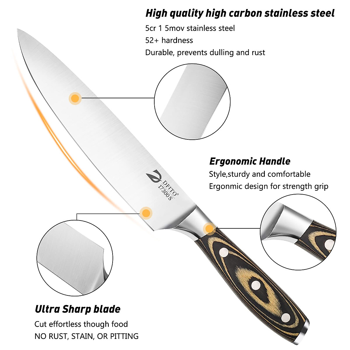 Dfito Kitchen Knife Set,High Carbon Stainless Steel Knife Set with Case for Kitchen,3 PCS Professional Ultra Sharp Knife Set includes 8'' Chef Knife, 7'' Santoku Knife and 5'' Utility Knife, Gift Box