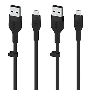 Belkin BoostCharge Flex Silicone USB Type A to Lightning Cable (1M/3.3FT), MFi Certified Charging Cable for iPhone 13, 12, 11, Pro, Max, Mini, SE, iPad and More, 2-pack, Black