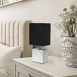 Simple Designs LT2071-WOB Mini Petite White Gray Marbled Ceramic Bedside Table Lamp with Black Shade