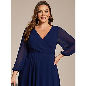 Ever-Pretty Women's A Line Pleated V Neck Midi Plus Size Wedding Guest Dresses for Curvy Women Navy Blue US26