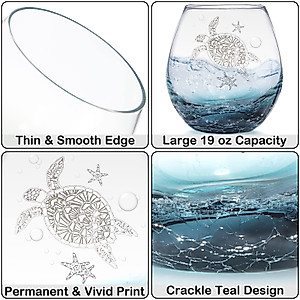 Sea Turtle Stemless Wine Glass, 19 Oz Ideal Unique Ocean Coastal Beach Gifts for Sea Turtle Lovers, Birthday Mother's Day Gifts for Party Women Man Mom Friends Co-worker (Crackle Teal)