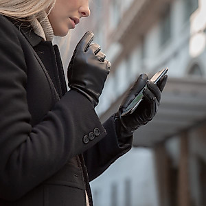 Downholme Touchscreen Leather Cashmere Lined Gloves for Women (Black, L)