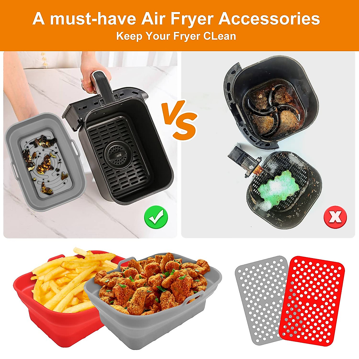 2pcs Air Fryer Silicone Liners Pot with 2pcs Air Fryer Mats & 2pcs Brush for Ninja Food Dualzone DZ401 DZ201 Air Fryer