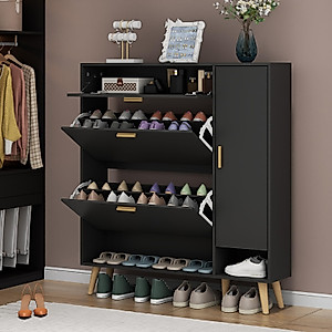 Loomie Shoe Cabinet, Shoe Storage Cabinet with 2 Flip Drawers & Side Cabinet, Narrow Shoe Cabinet with Doors, Hidden Shoe Storage with Adjustable Shelf, Slim Shoe Cabinet for Entryway